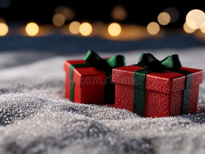 Two Red and Green Gift Boxes Sitting in the Snow Stock Photo - Image of ...