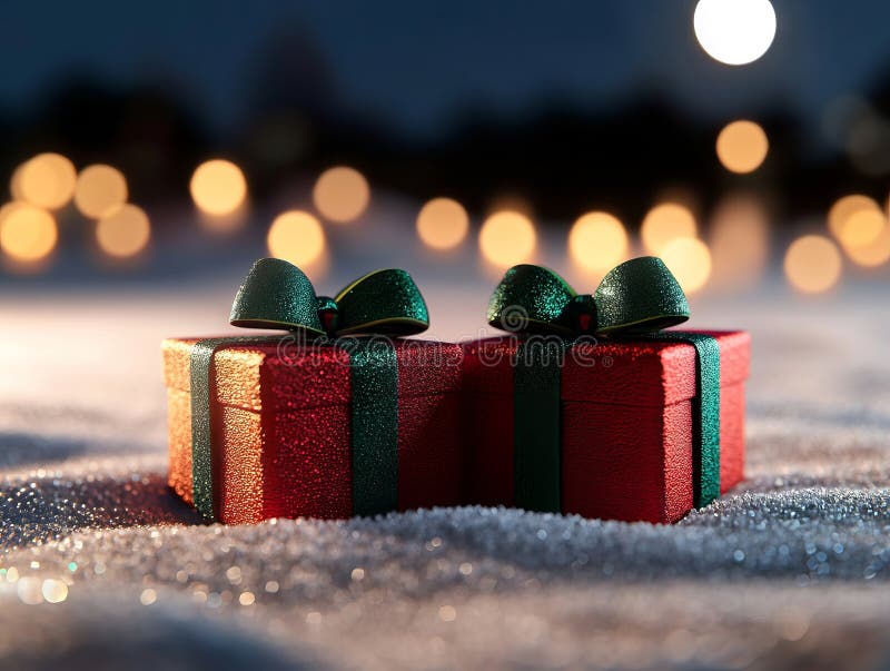 Two Red and Green Gift Boxes Sitting on Top of a Snow Covered Ground ...