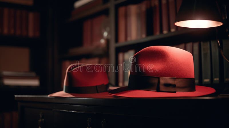 Two Red Hats Sitting on Top of a Wooden Table in Front of a Book Shelf ...