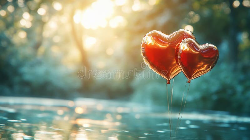 Two Red Heart Balloons Float Gently Above Water Stock Illustration ...