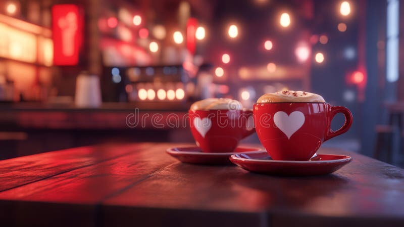 Two Red Heart Cups of Coffee in a Cafe Setting Stock Illustration ...