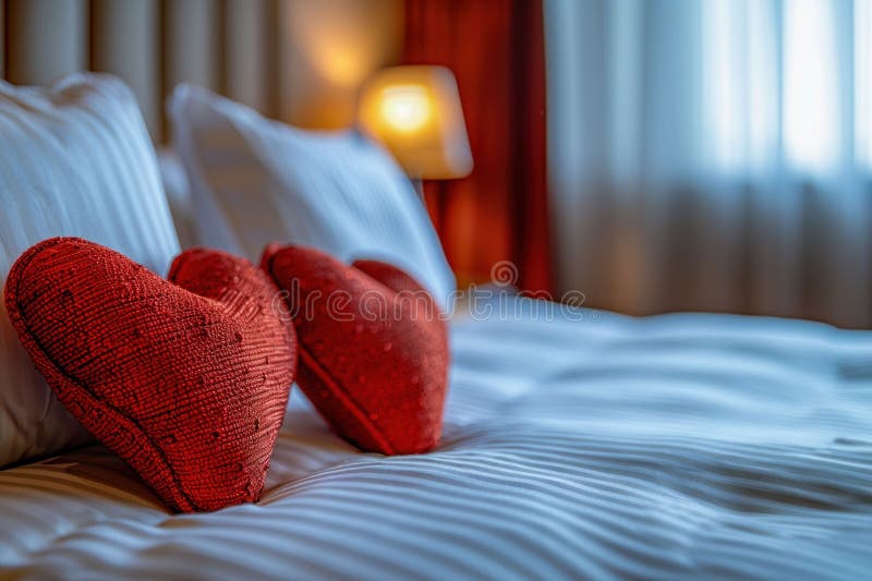 Two Red Heart Pillows on a Cozy Bed. Generative Ai Stock Illustration ...