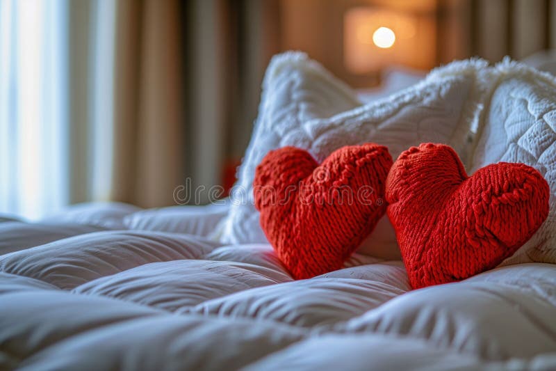 Two Red Heart Pillows on a Cozy Bed. Generative Ai Stock Illustration ...