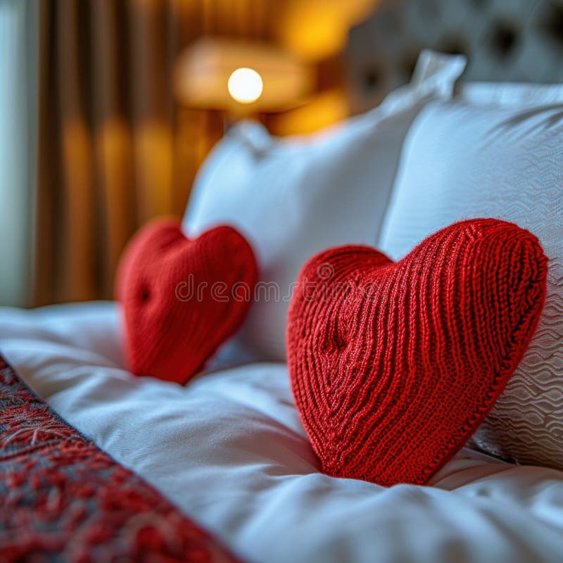 Two Red Heart Pillows on a Cozy Bed. Generative Ai Stock Illustration ...