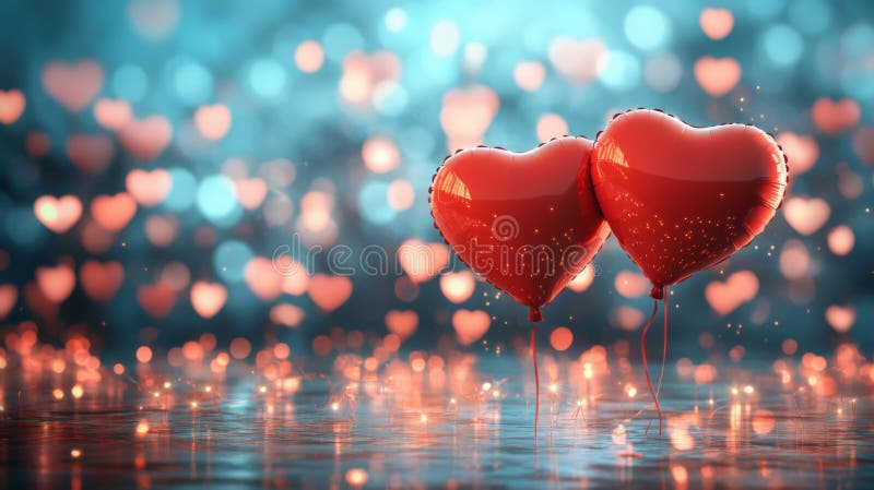 Two Red Heart Shaped Balloons Float Above Sparkling Lights Stock ...