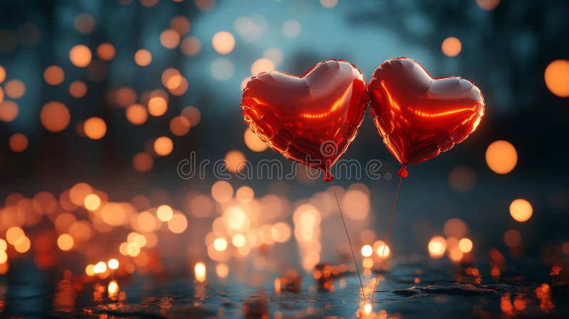 Two Red Heart Shaped Balloons Float Over Water Lights Stock ...