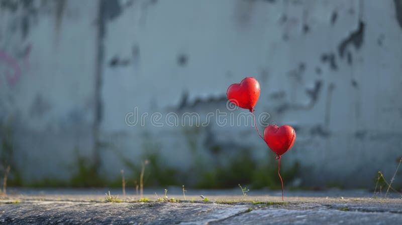 Two Red Hearts are Attached To a String and Hanging from the Ground, AI ...