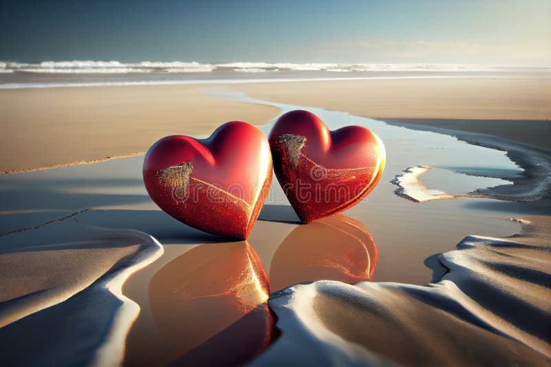 Two Red Hearts on the Beach. Realistic Ilustration. Generative Ai Stock ...