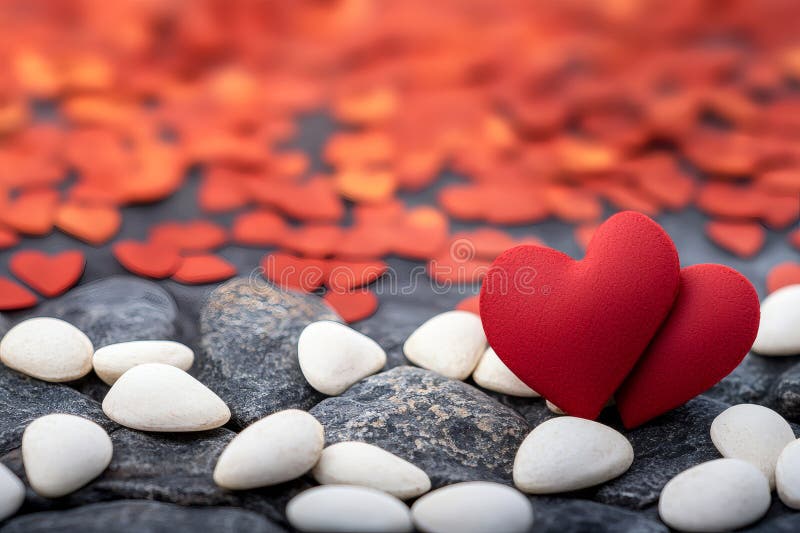 Two Red Hearts on Bed of Smooth Stones Surrounded by Small Heart Shaped ...
