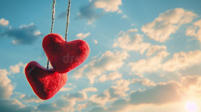 Two Red Hearts Hanging on Strings with Cloudy Sky Background, Love and ...