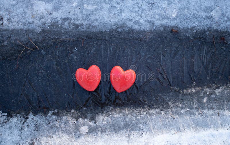 Two Red Hearts Lie on Winter Ice, Top View, Horizontal Photo Stock ...