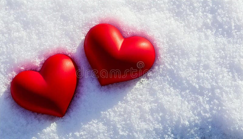 Two Red Hearts Lying on Snow Symbolizing Love and Winter Romance Stock ...