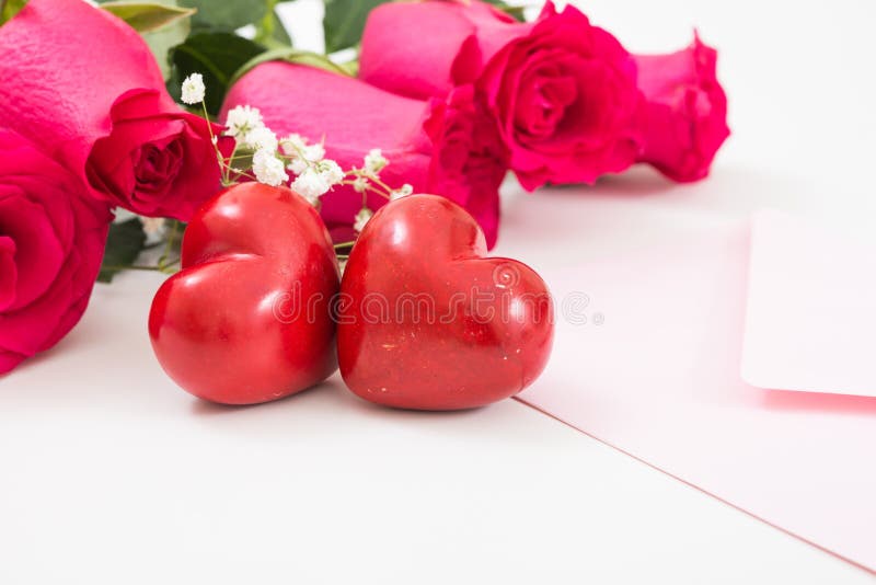 Two Red Hearts with Pink Envelope and Red Roses Stock Photo - Image of ...