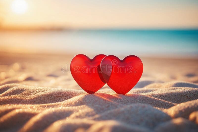 Two Red Hearts on a Sandy Beach with a Blue Ocean in the Background ...