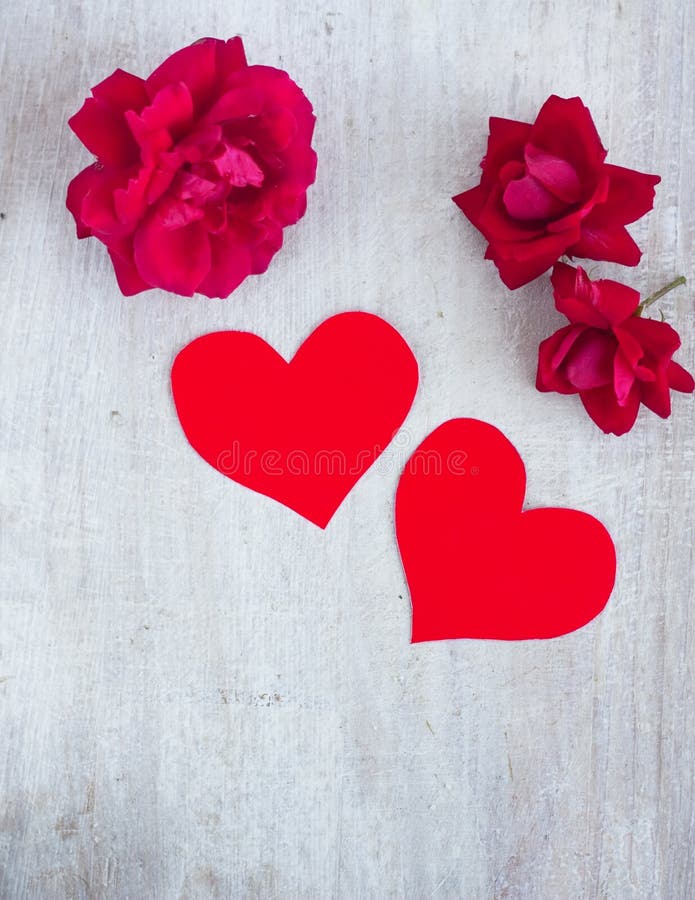Two Red Hearts and Scarlet Roses on the White Board, Top View Stock ...