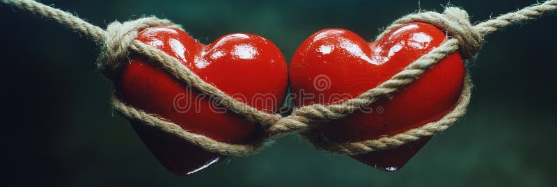 Two Red Hearts are Tied Together by a Rope Stock Photo - Image of ...