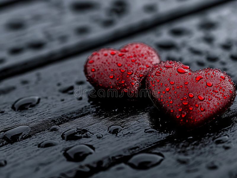 Two Red Hearts with Water Droplets on a Black Surface Stock Photo - Image of hearts, blurred ...