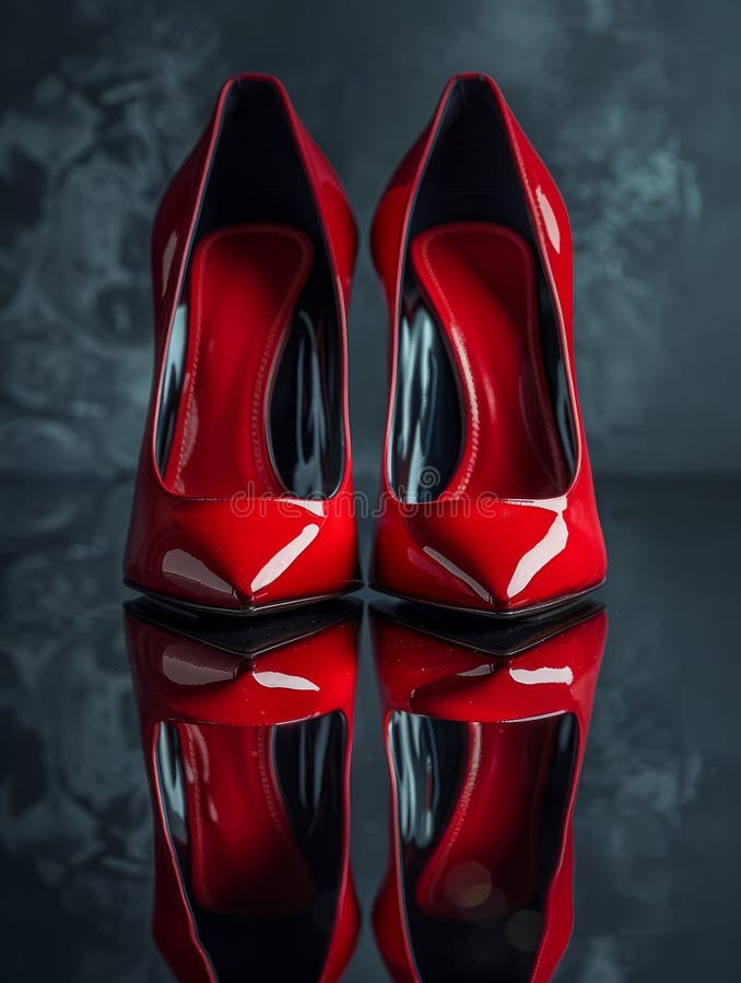 Two Red High Heels on Black Reflective Surface Stock Photo - Image of ...