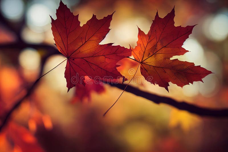 Two Red Leaves are Hanging from a Branch in the Fall Time Stock ...