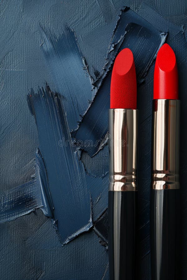 Two Red Lipstick Sticks are Sitting on a Blue Painted Surface, AI Stock ...