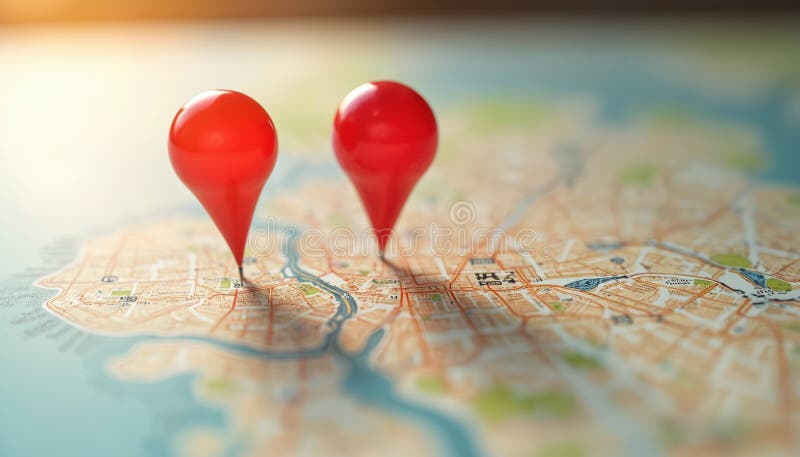 Two Red Location Pin Pointers Mark Destination on a City Map. Travel ...