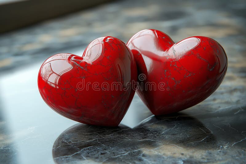 Two Red Marble Hearts on Reflective Surface Highlighting Romantic ...