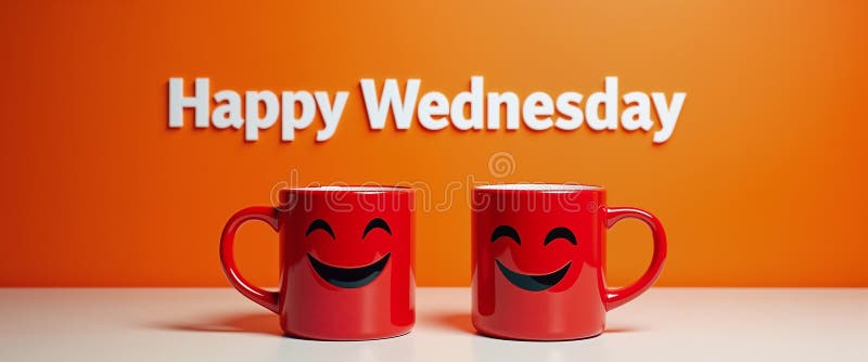 Two Red Mugs with Smiling Faces on Orange Background, Happy Wednesday ...