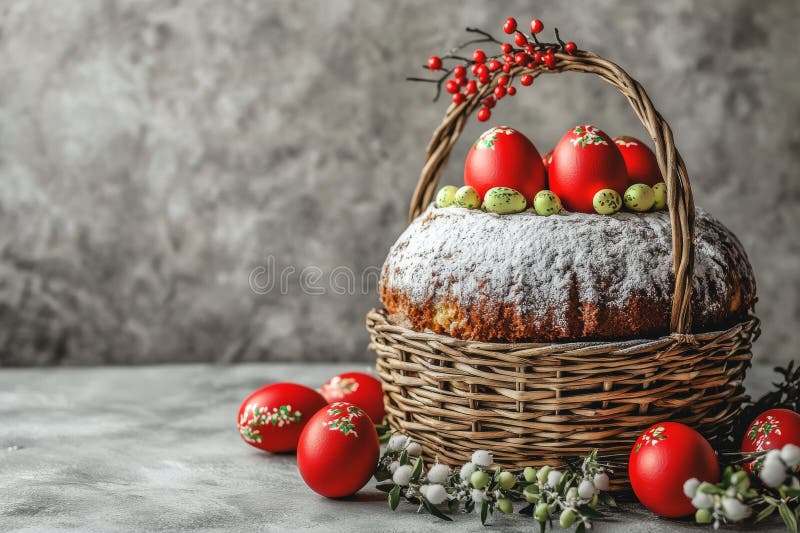 Two Red-painted Easter Eggs Rest in a Wicker Basket on a Gray Table ...
