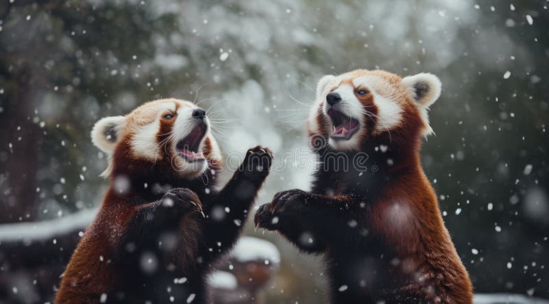 Two Red Panda Cubs Fighting in the Rain with Each Other, Stock Photo ...