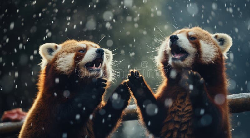 Two Red Panda Cubs Fighting in the Rain with Each Other, Stock Image ...