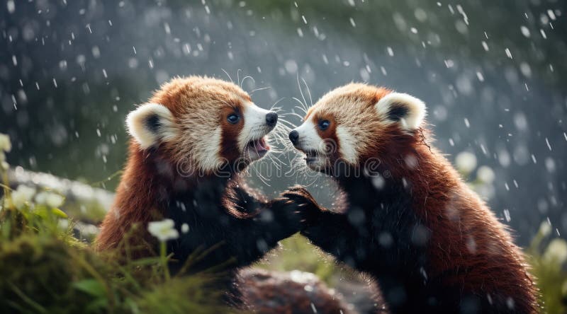Two Red Panda Cubs Fighting in the Rain with Each Other, Stock Photo ...