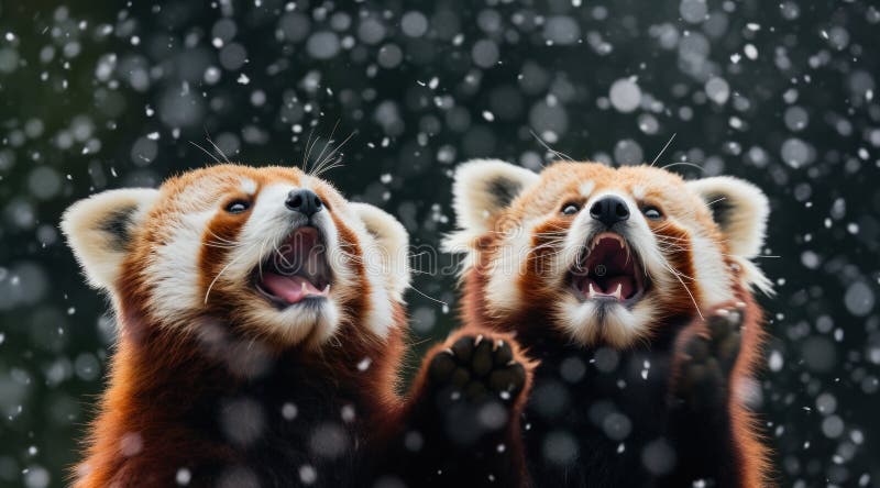 Two Red Panda Cubs Fighting in the Rain with Each Other, Stock Photo ...