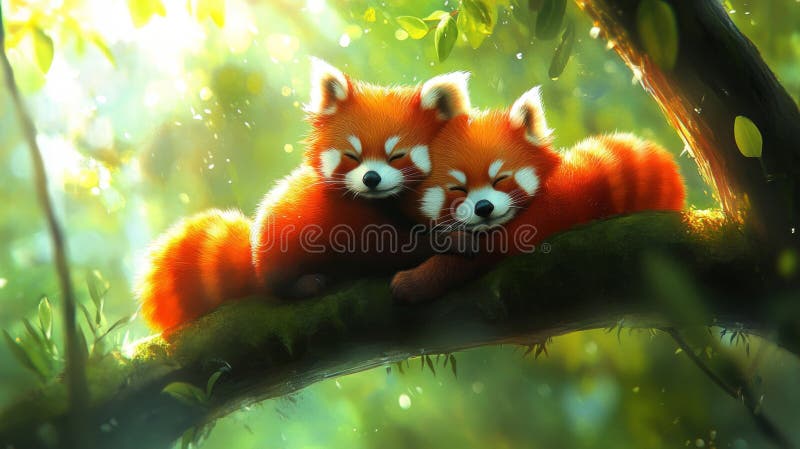 Two Red Pandas Cuddle Sleeping on a Branch Stock Illustration ...
