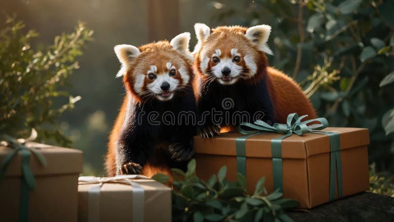 Adorable Red Pandas with Christmas Gifts Stock Illustration ...