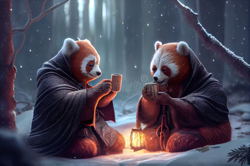 Two Red Pandas Drink Coffee in Winter. Generative AI, Generative, AI ...