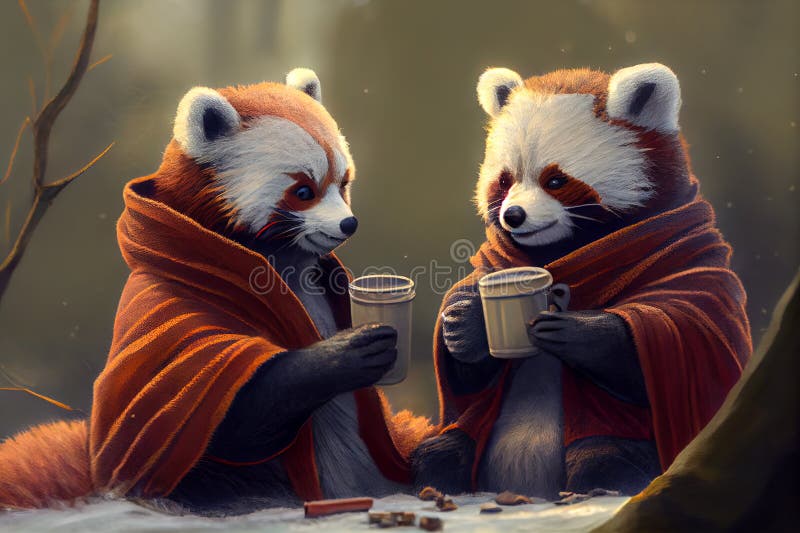 Two Red Pandas Drink Coffee in Winter. Generative AI, Generative, AI ...