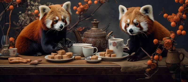 Two Red Pandas Drink Coffee in Winter. Generative AI Stock Illustration ...
