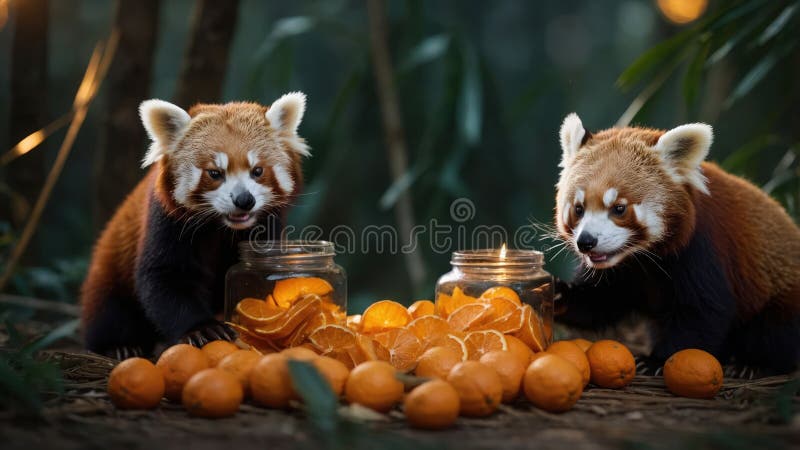 Adorable Red Pandas with Oranges and Candlelight Stock Illustration ...
