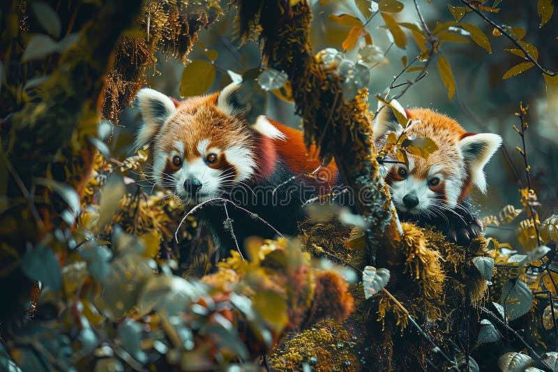 Two Red Pandas Perched on Tree Branches Covered in Moss Stock ...