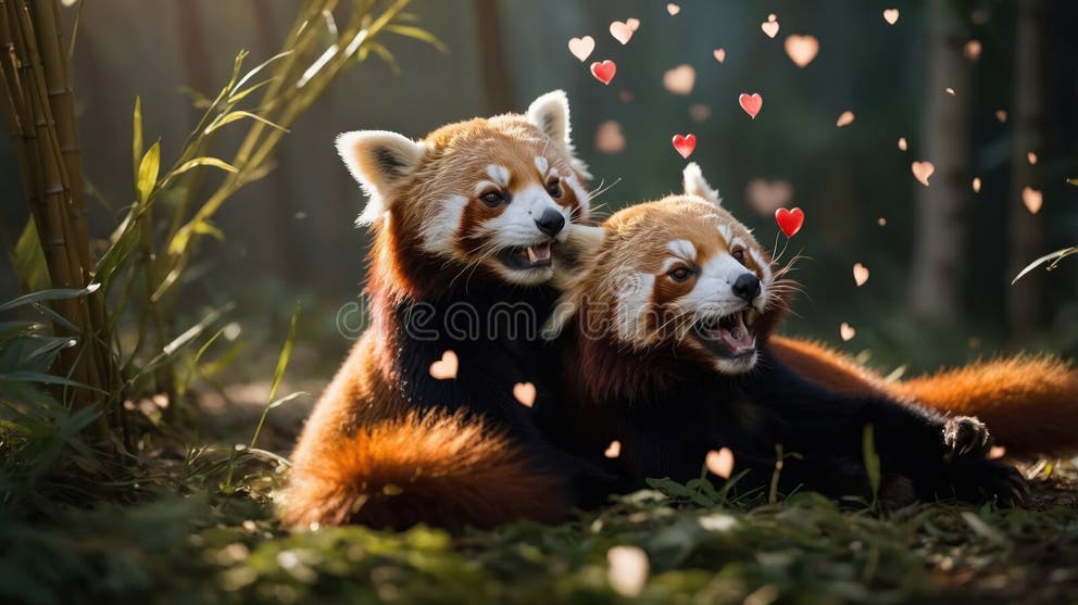 Adorable Red Pandas Couple in Love, Surrounded by Hearts Stock ...