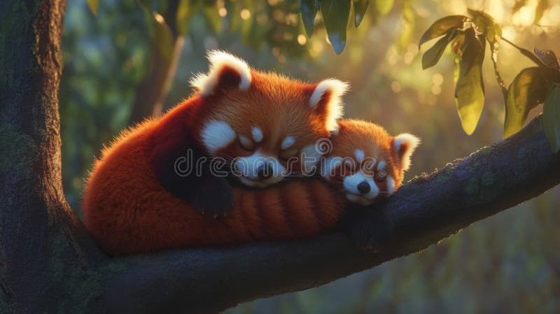 Two Red Pandas Sleeping Peacefully on a Tree Branch Stock Illustration - Illustration of ...