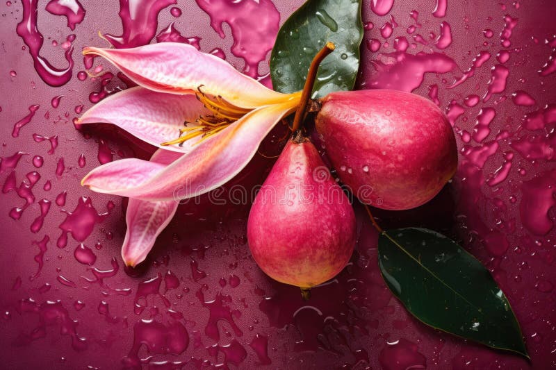 Two Red Pears Painted in Metallic Pink with a Flower Lie on a Colored ...