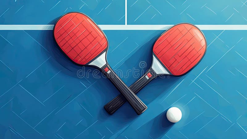 Two Red Ping Pong Paddles Crossed on a Blue Table with a White Ball ...