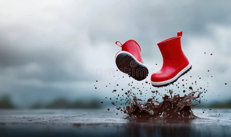 Two Red Rain Boots Joyfully Leaping into a Muddy Puddle, Making a ...
