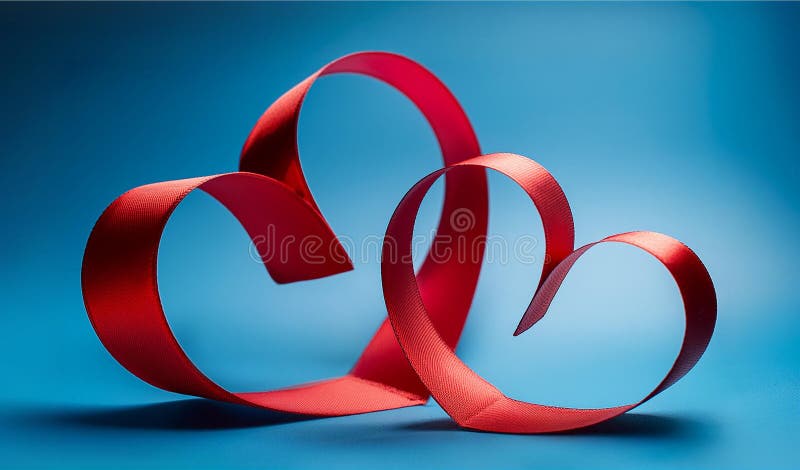 Two Red Ribbon Hearts on Blue Background Symbolizing Love and Romance ...