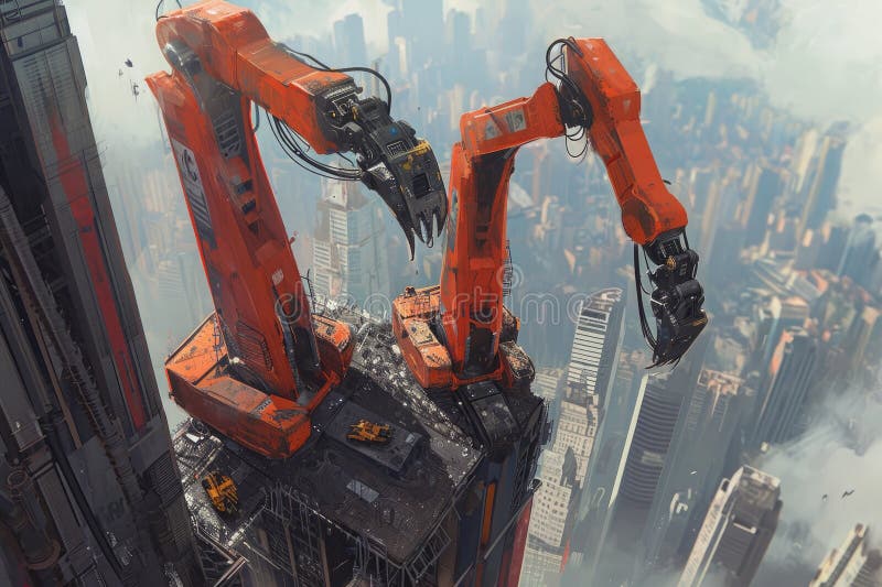 Two Red Robots Positioned on the Rooftop of a Towering Building, a Team ...