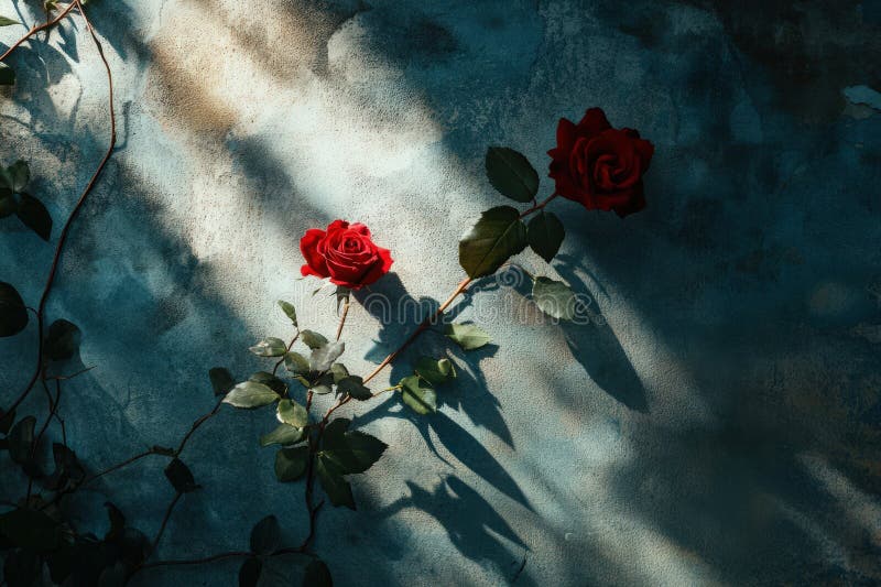 Two Red Roses Climb a Weathered Wall Stock Illustration - Illustration ...