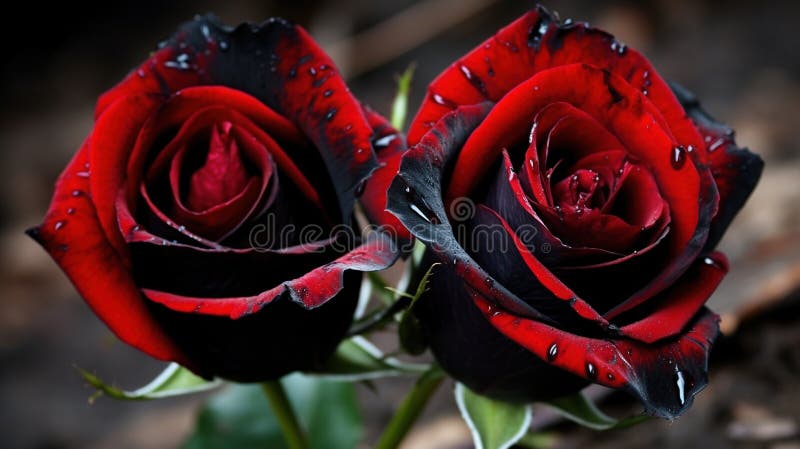Two Red Roses with Drops of Water on Them are Shown Stock Photo - Image ...