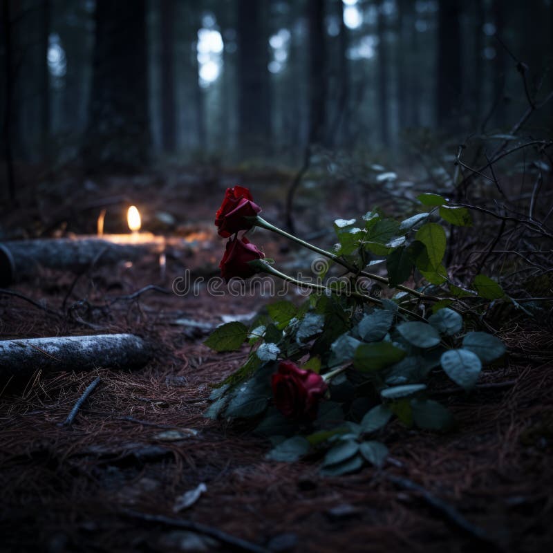 Two Red Roses Sit on the Ground in a Dark Forest Stock Illustration ...