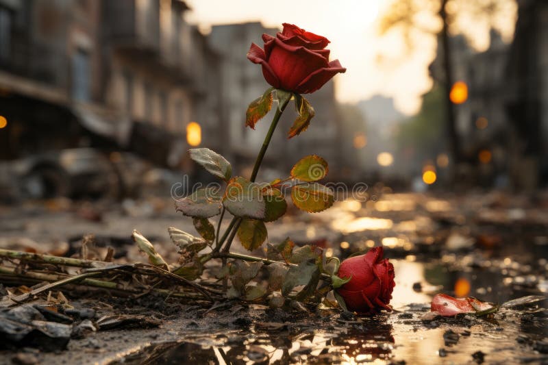 Two Red Roses Sit on the Ground in Front of a Building Stock ...